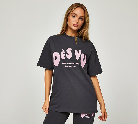 Dès Vu Womens Bubble Boyfriend T-Shirt | Charcoal / Pink | Footasylum