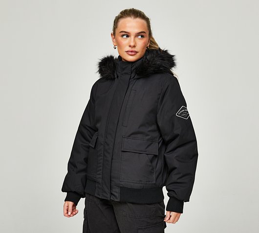 Closure London Womens Copped Fur Parka | Black | Footasylum