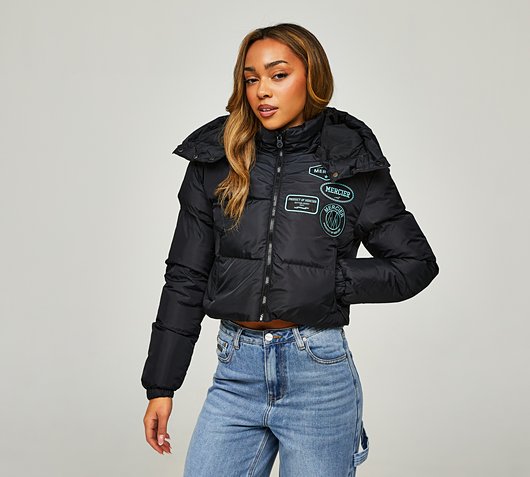 Mercier Womens Original Badge Puffer Jacket | Black / Aqua | Footasylum